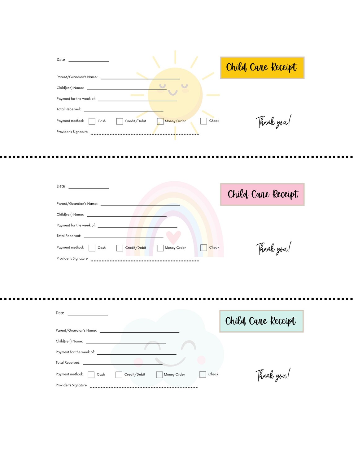 Colorful Child Care Receipt Templates Daycares Homeschools - Etsy
