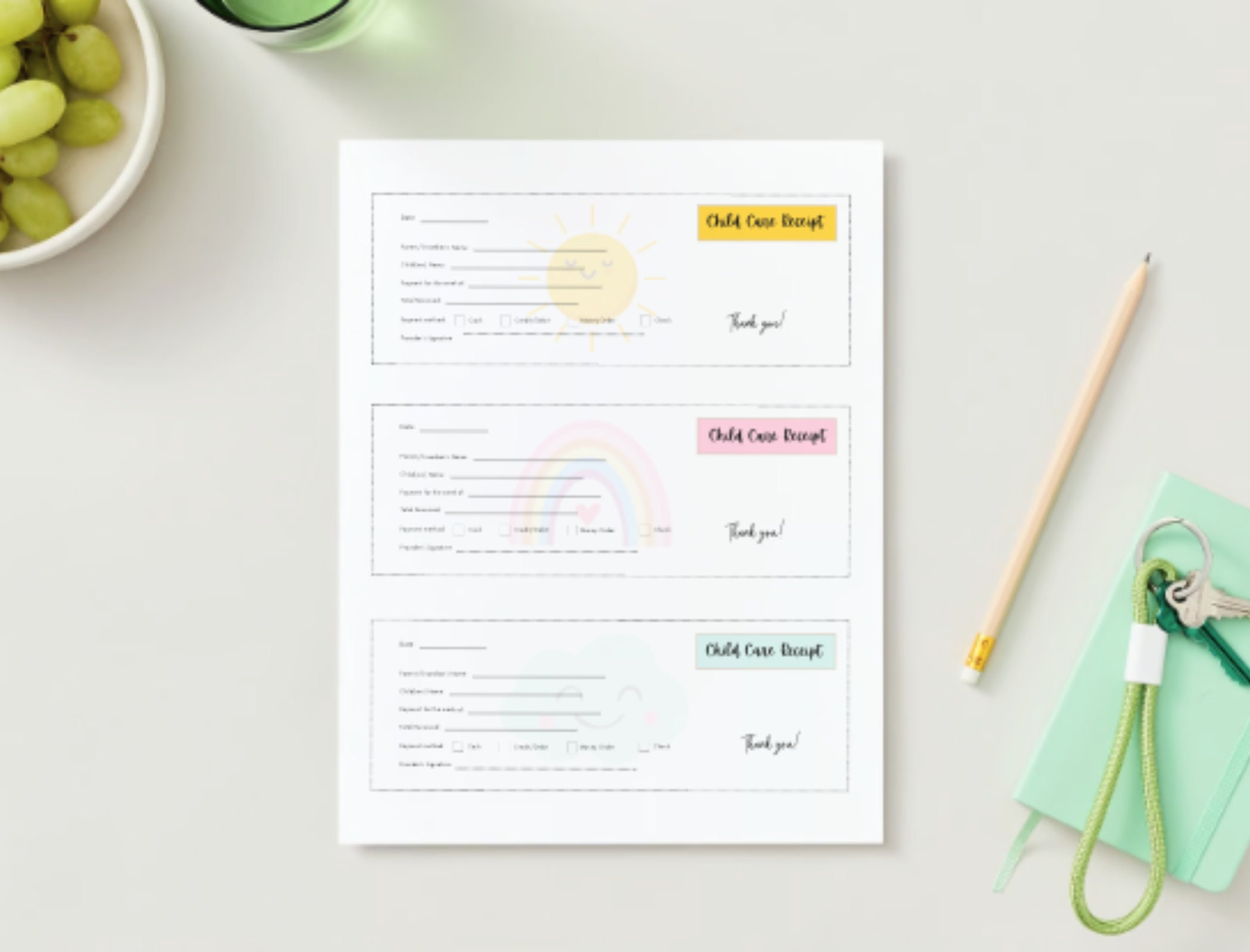 Colorful Child Care Receipt Templates, Printable Daycare Receipts, Cute ...