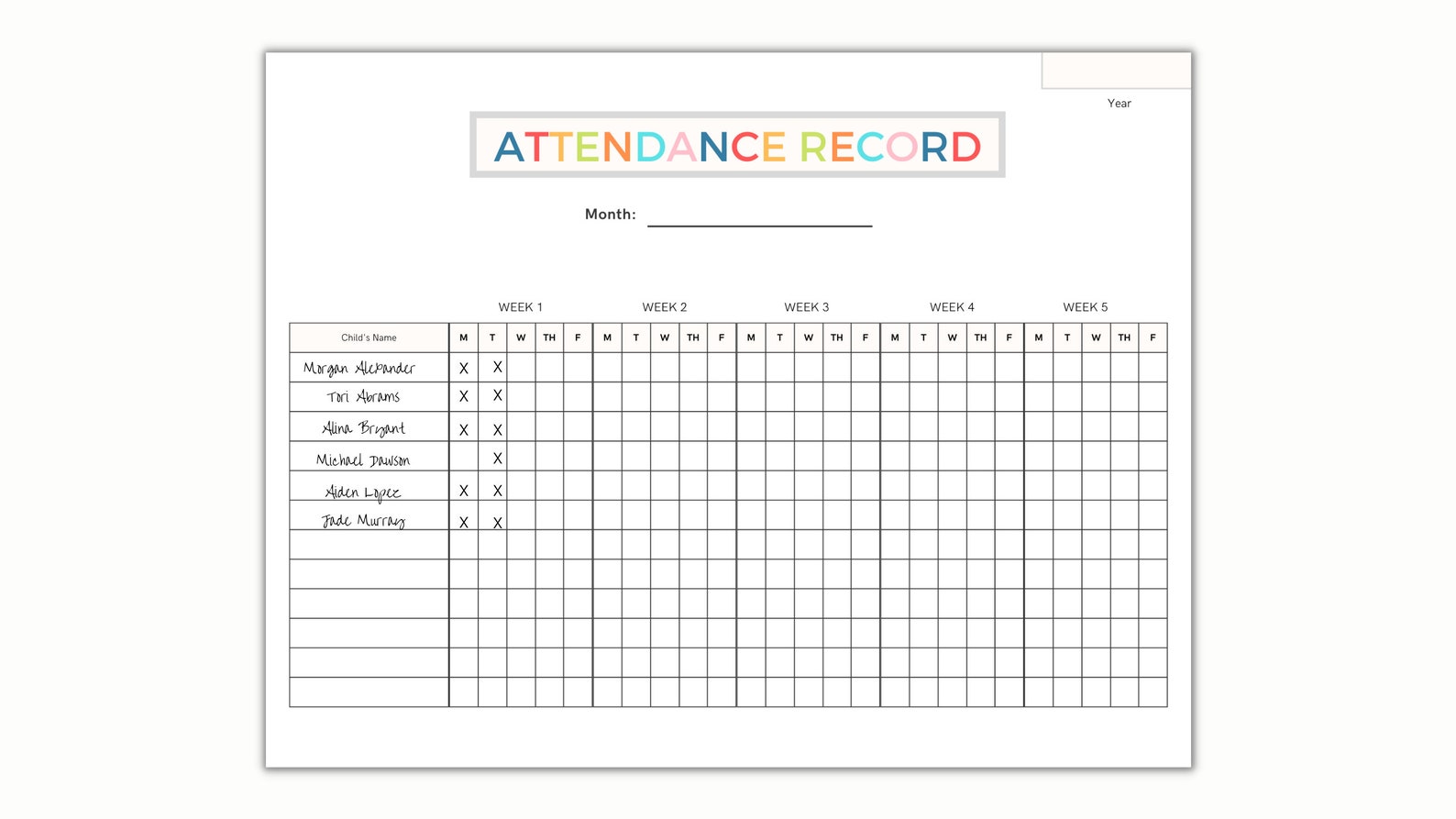 5 Week Editable Student Attendance Sheet | Daycares, Homeschools ...