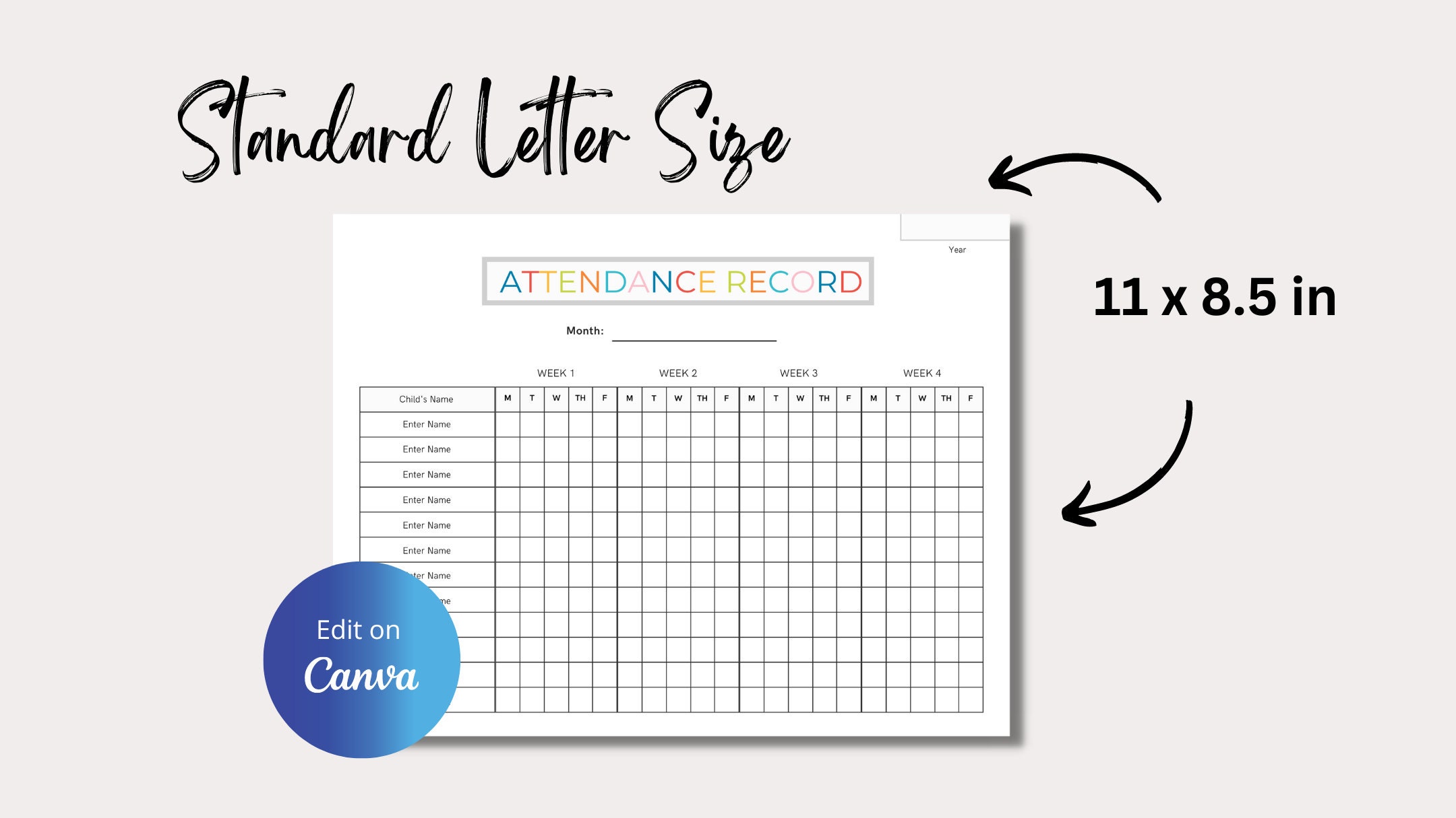 Editable Monthly Student Attendance Sheet (4 Weeks), 11 X 8.5 ...