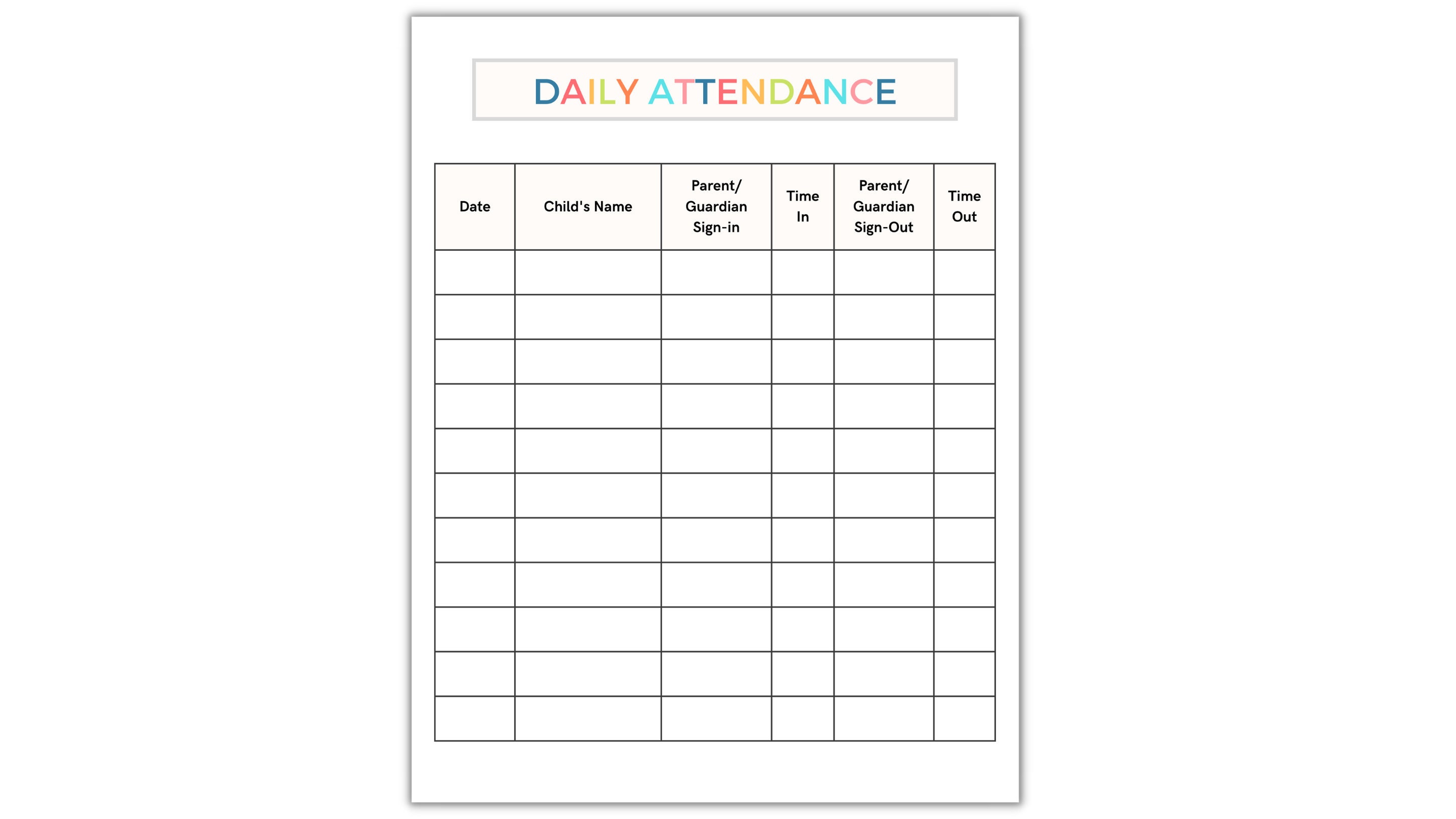 Daily Attendance Sign in Sheet multicolor Version, Daycares ...