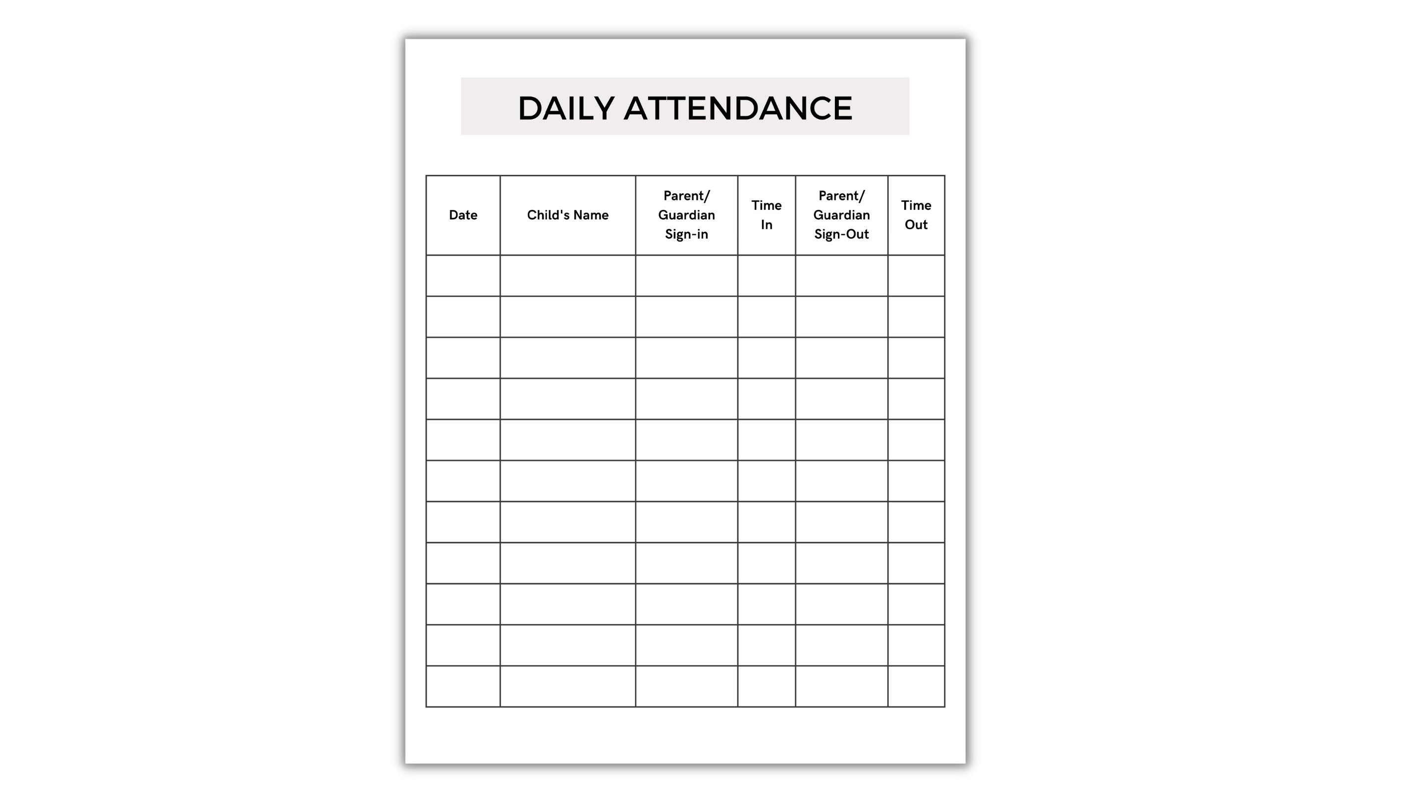 Daily Attendance Sign in Sheet (grayscale Version) | Daycares ...