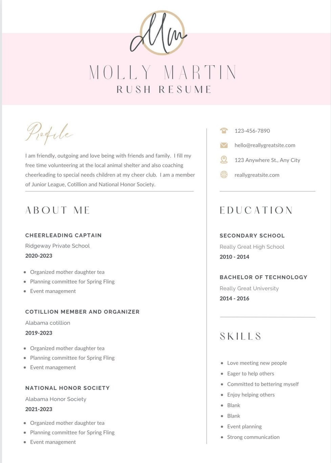 Rush Resume, Sorority Resume, Rush Week Applications, Rush Guidance ...