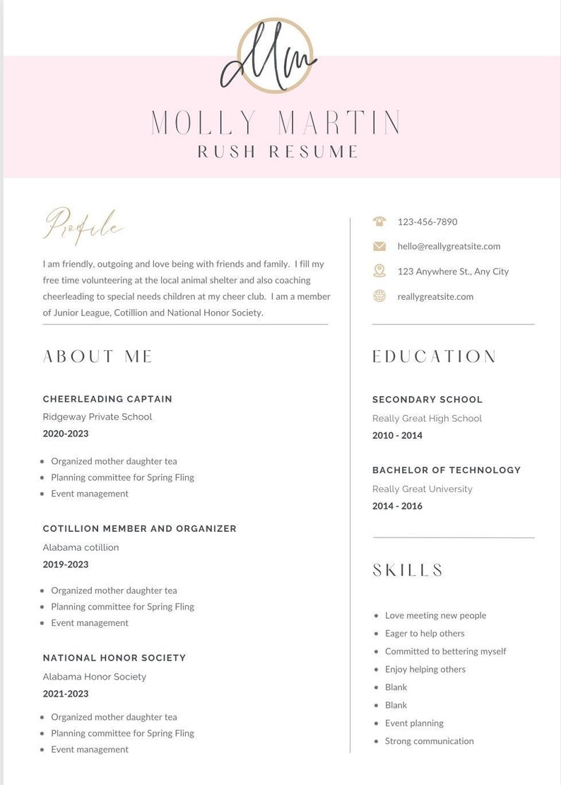 Rush Resume, Sorority Resume, Rush Week Applications, Rush Guidance ...