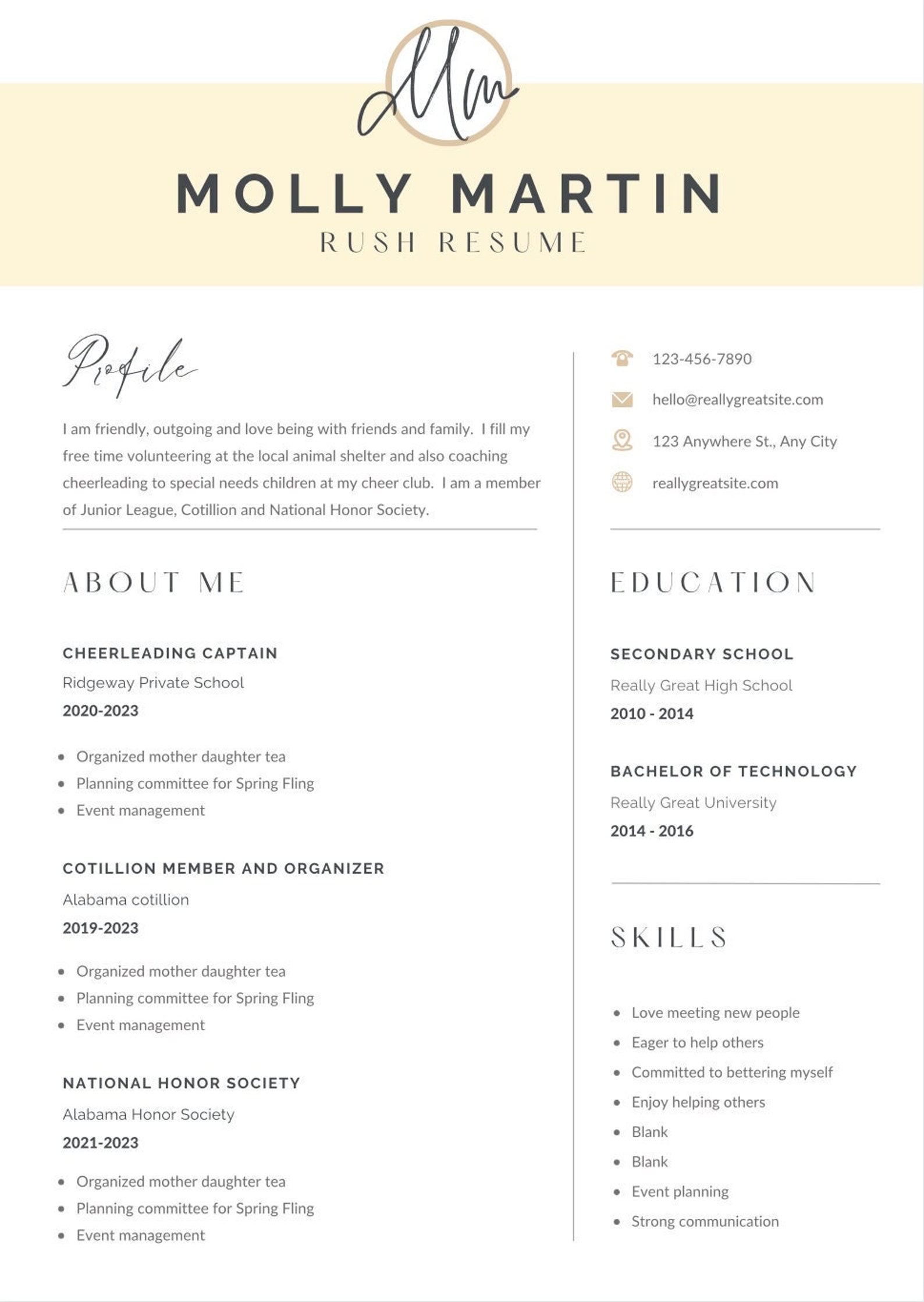 Rush Resume, Sorority Resume, Rush Week Applications, Rush Guidance ...