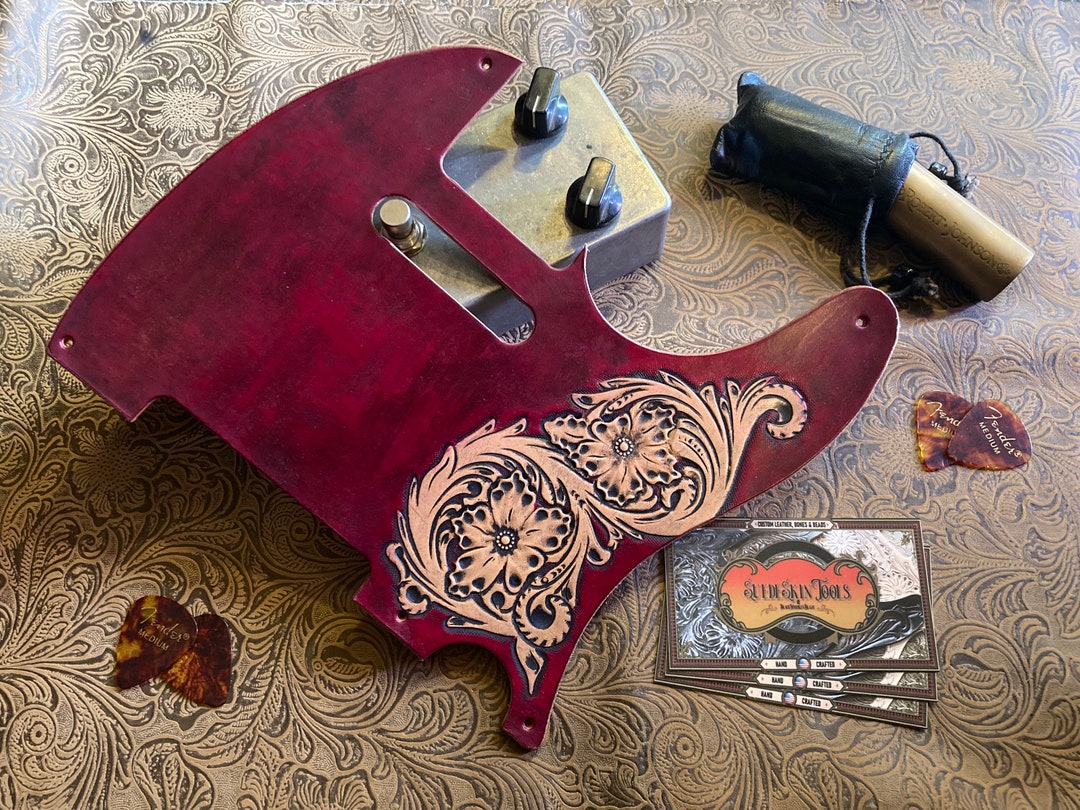 Custom Tooled Leather Floral Distressed Brown Pickguard Fits Fender ...