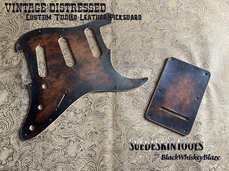 Custom Tooled Leather Distressed Brown Pickguard Backplate Combo Fits ...