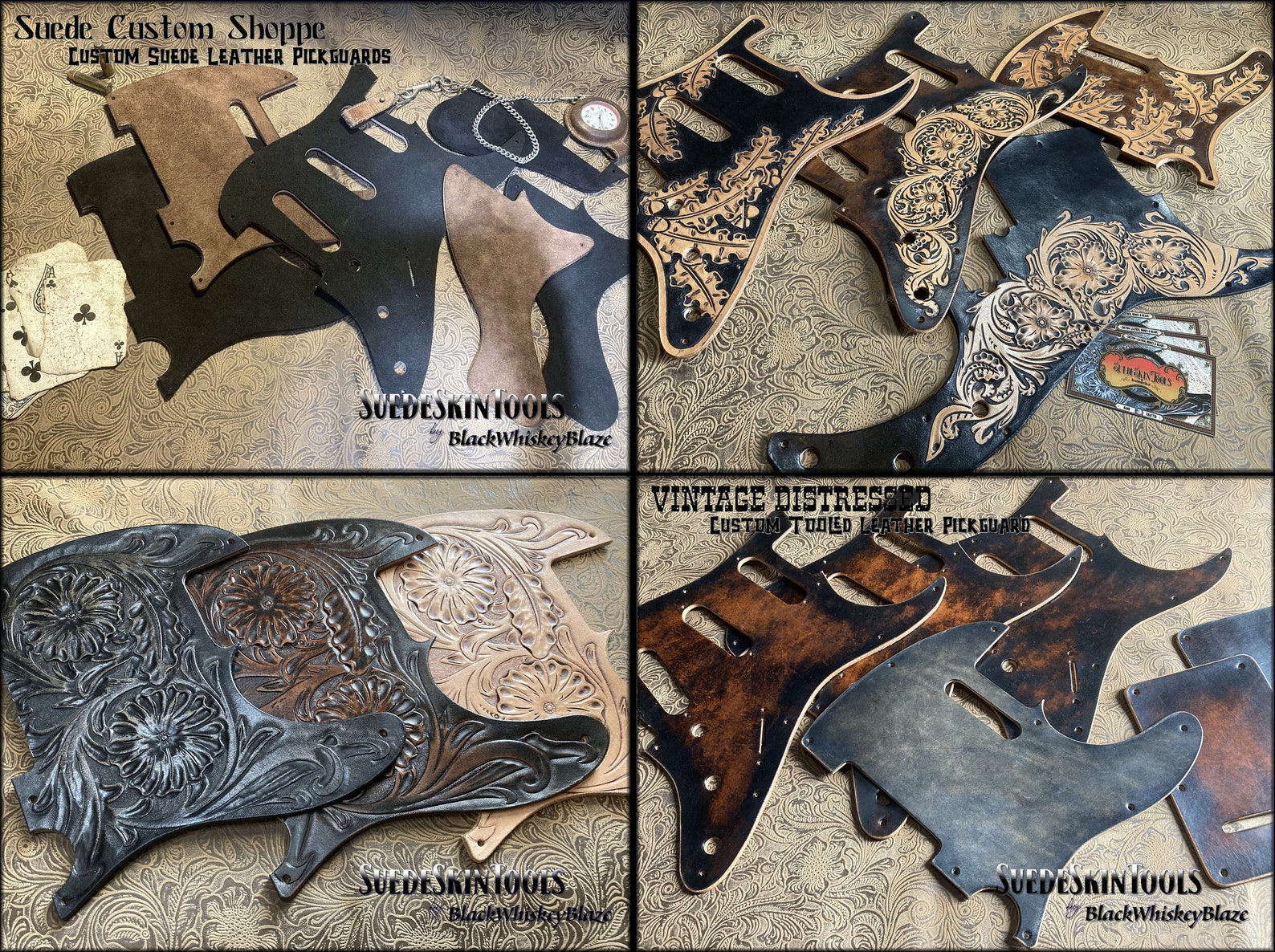 Custom Tooled Leather Distressed Brown Pickguard Backplate Combo Fits ...