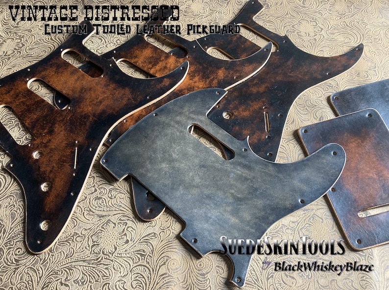 Custom Tooled Leather Distressed Brown Pickguard Backplate Combo Fits ...