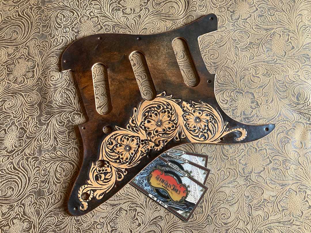 Custom Tooled Leather Distressed Floral Pickguard Fits Fender ...