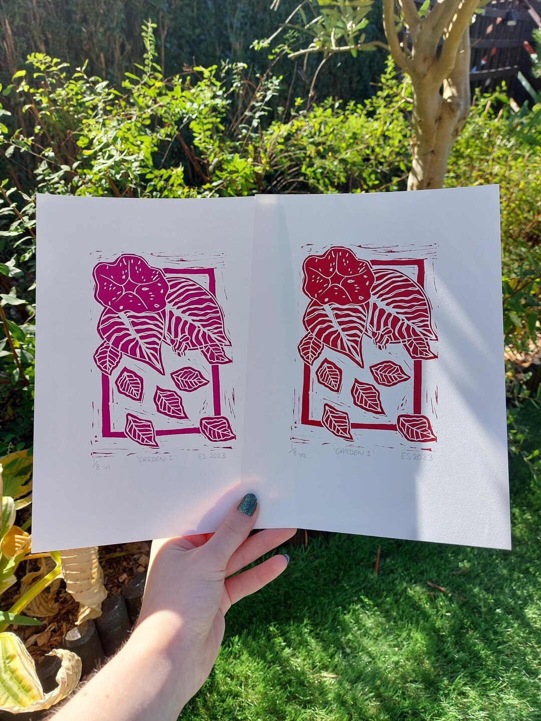 Garden Scene - Original A5 Lino Prints - Flower Lino Print in Pink and ...