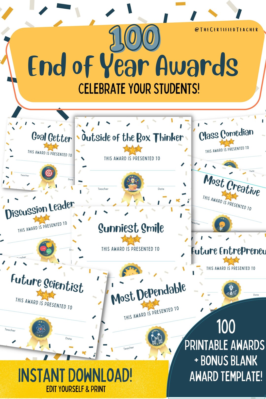 End of School Year Awards +bonus Blank Template PRINTABLE- 100 Unique ...