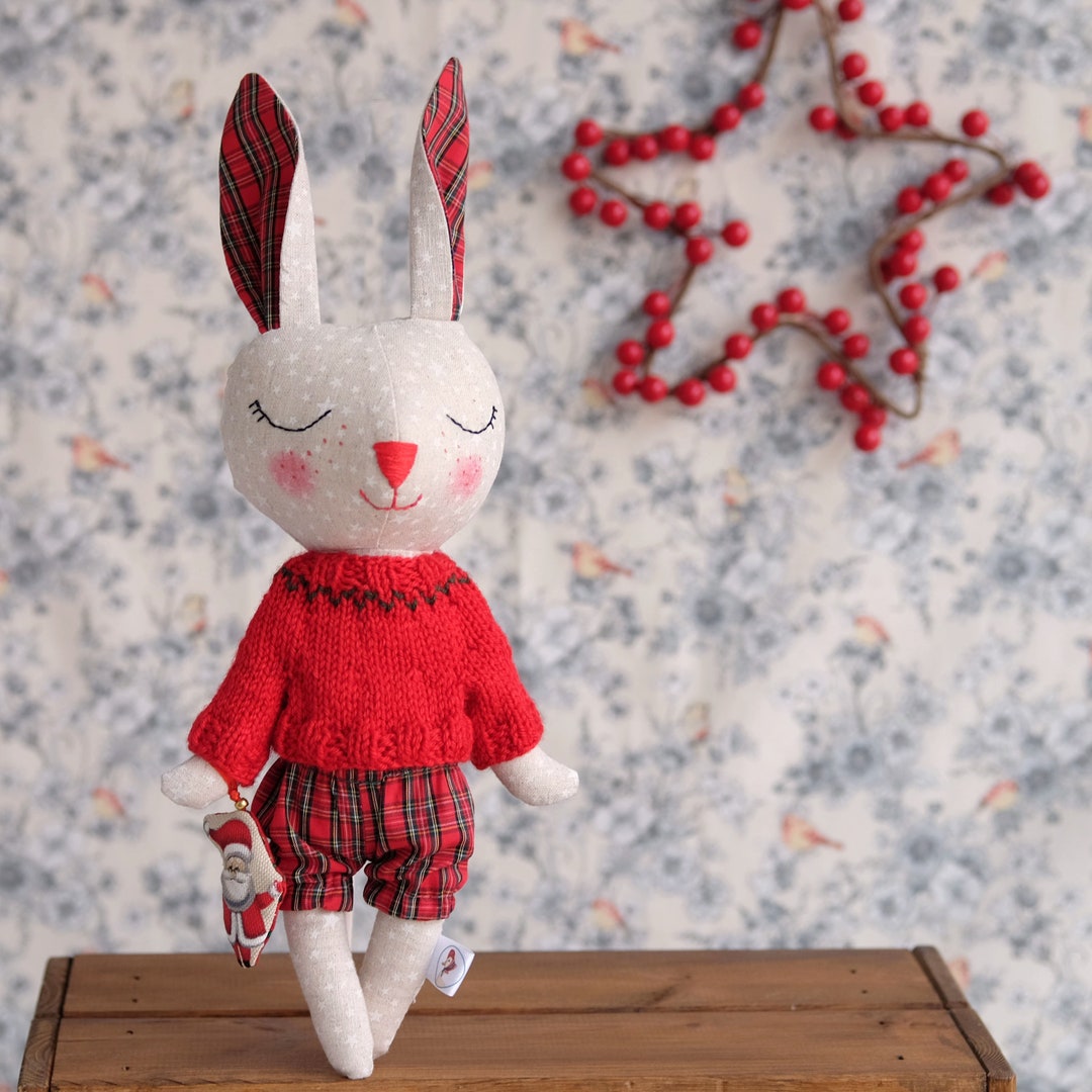 Linen Stuffed Bunny With a Red Hand Knitted Sweater, Christmas Gifts ...