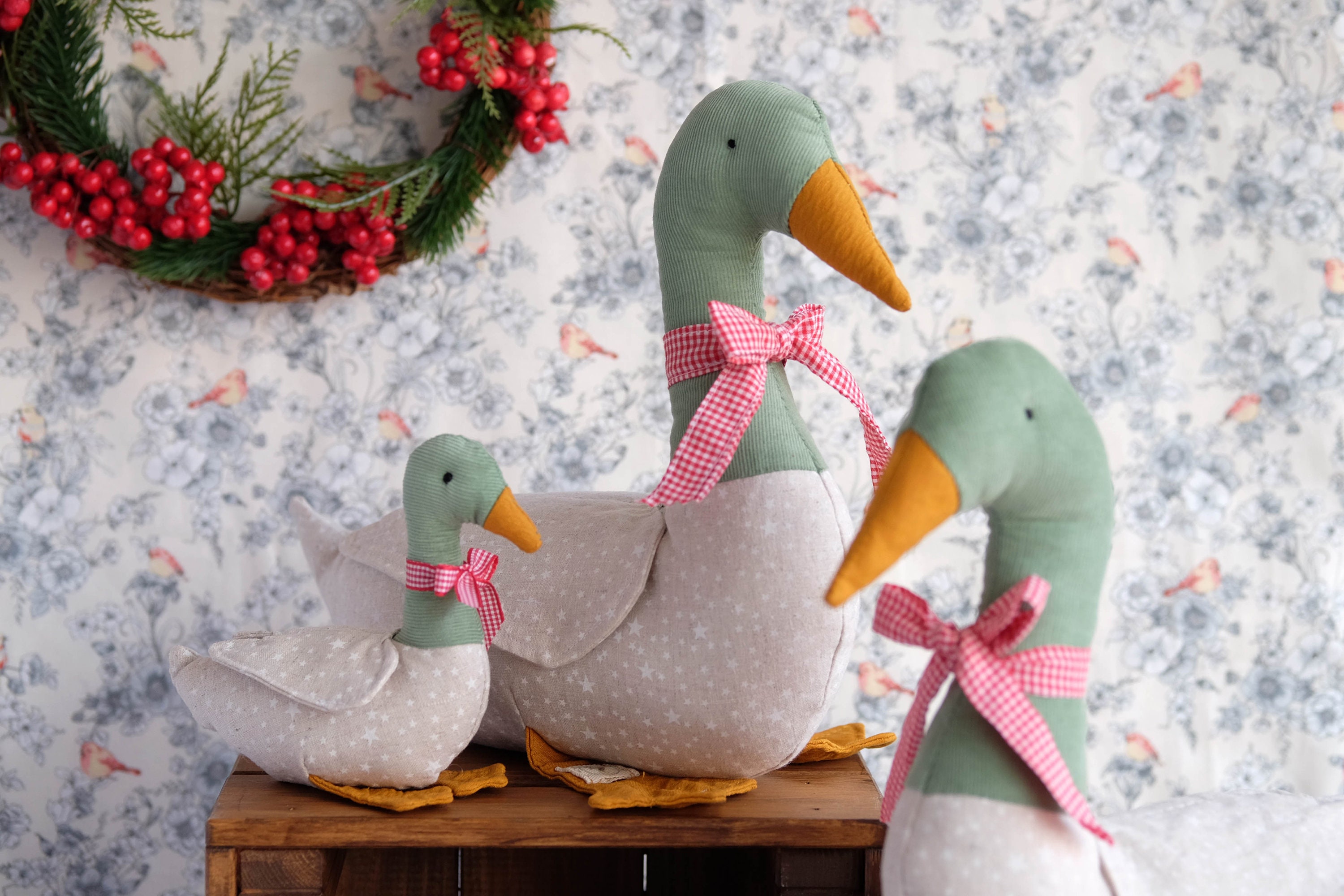 Linen Stuffed Duck, Soft Duck, Green Stuffed Duck With a Bow, Nursery ...
