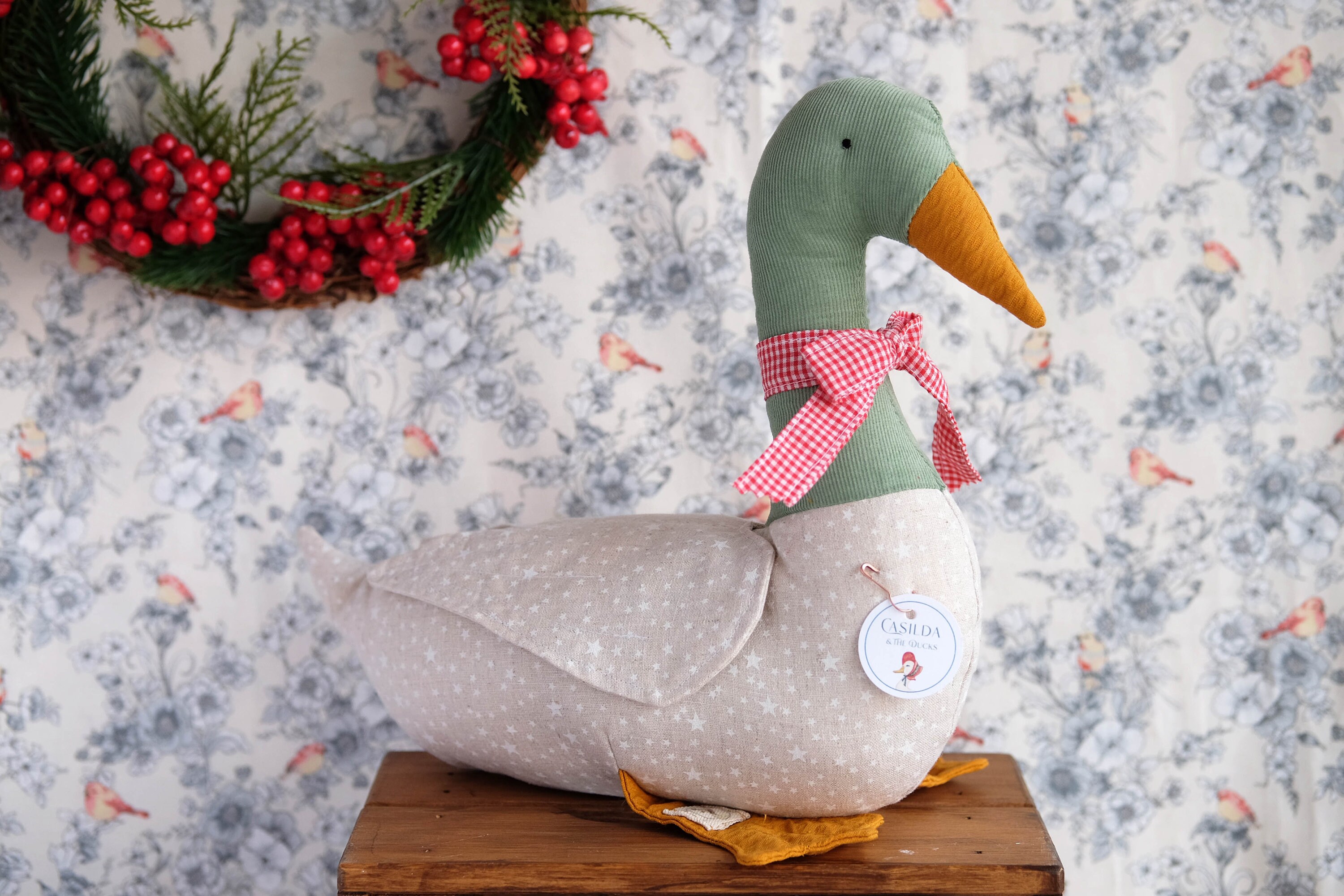 Linen Stuffed Duck, Soft Duck, Green Stuffed Duck With a Bow, Nursery ...