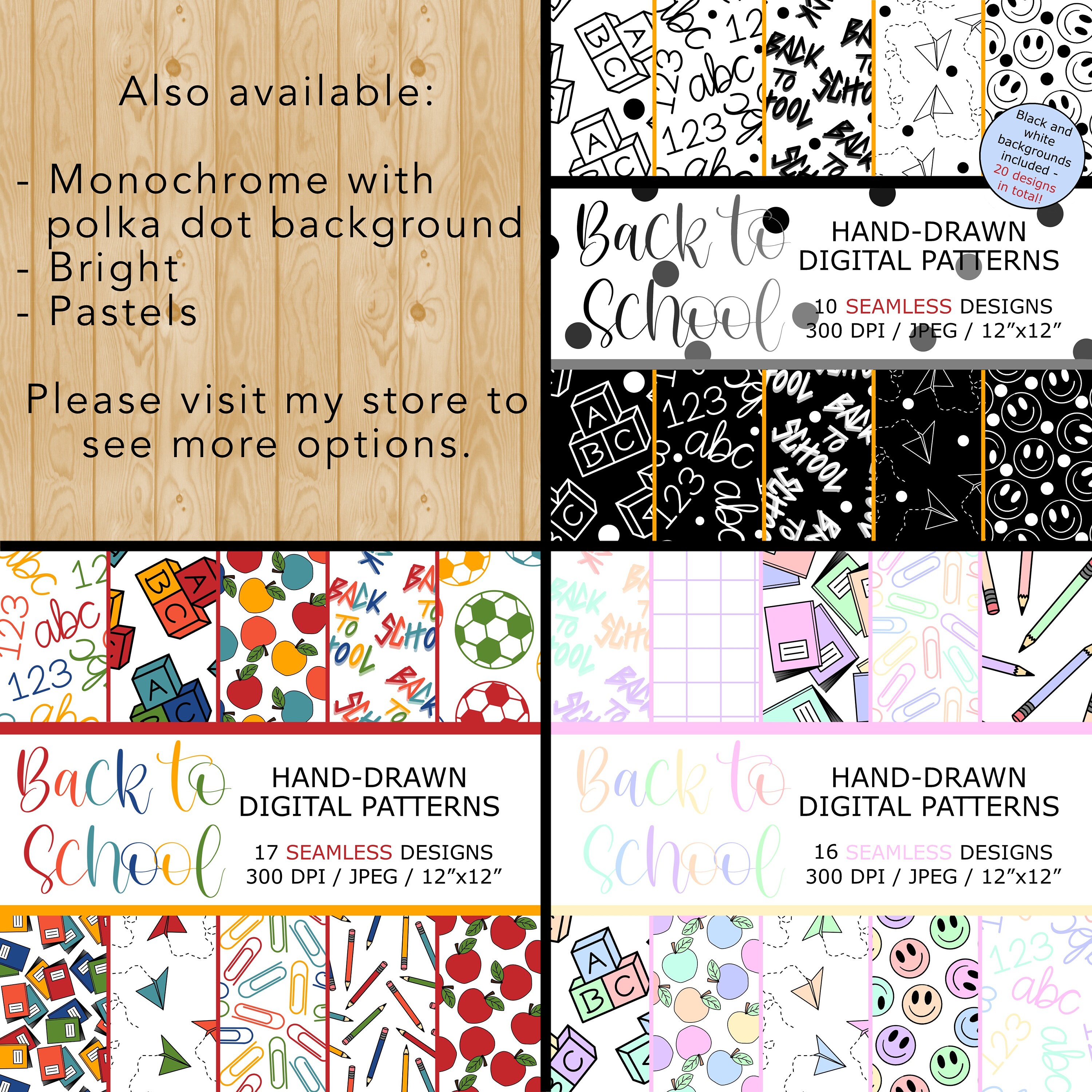 Black and White Back to School Digital Paper / Hand Drawn / 22 Designs ...