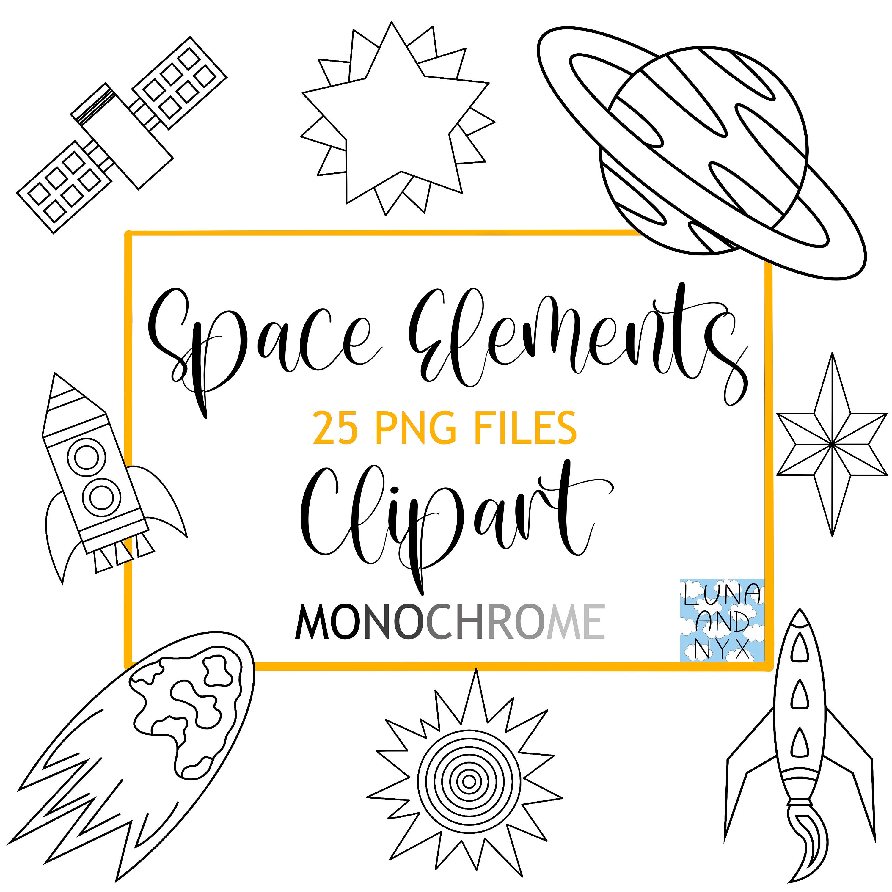 Space Clipart Set / 25 PNG Files / Monochrome / Transparent Background ...