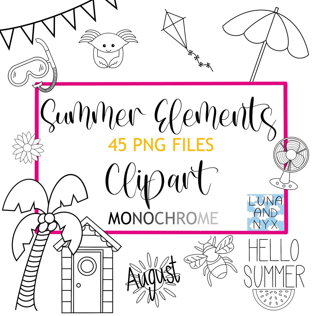 Summer Clipart Set / 45 PNG Files / Monochrome / Transparent Background ...