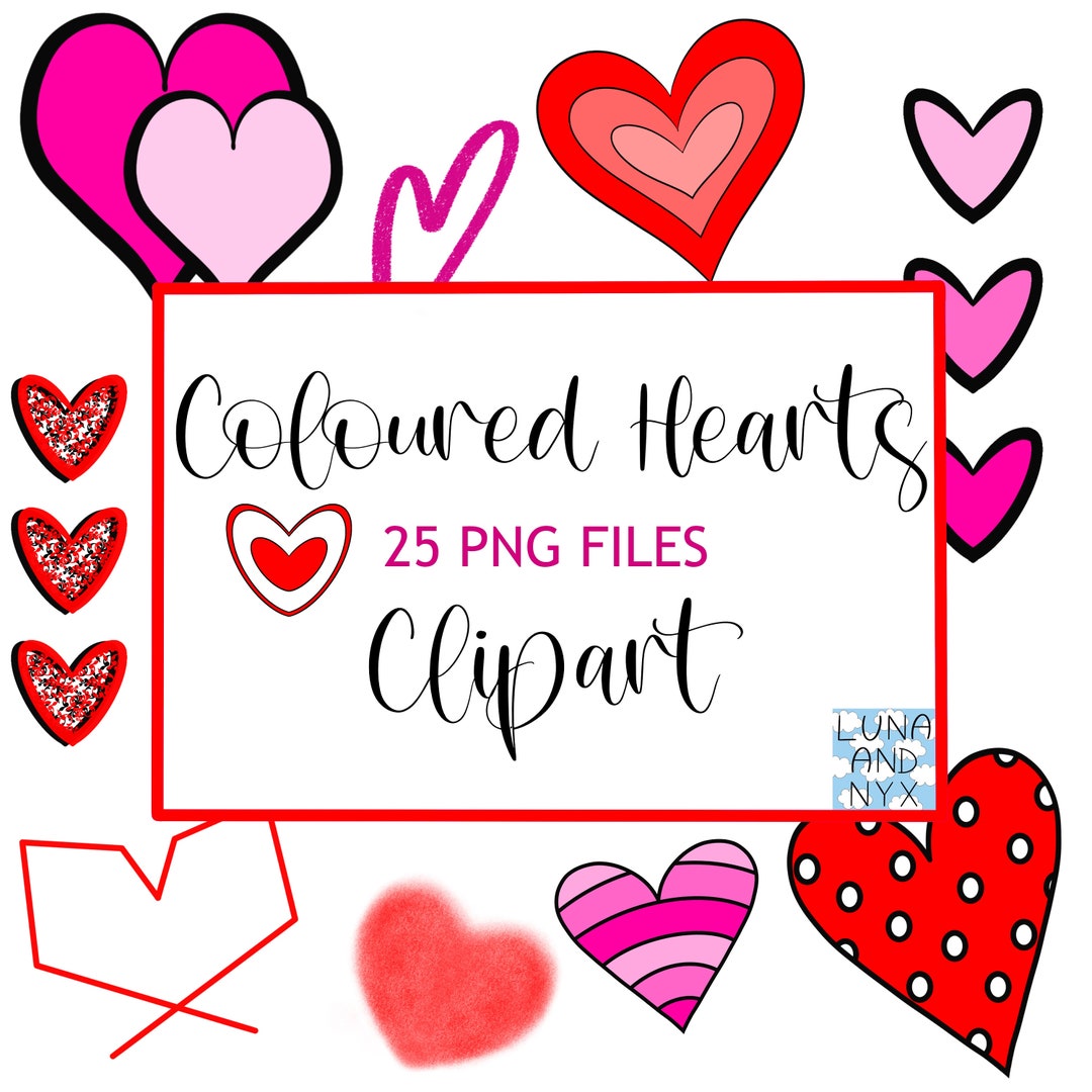 25 Coloured Hearts Clipart Hand-drawn Transparent Background Instant ...