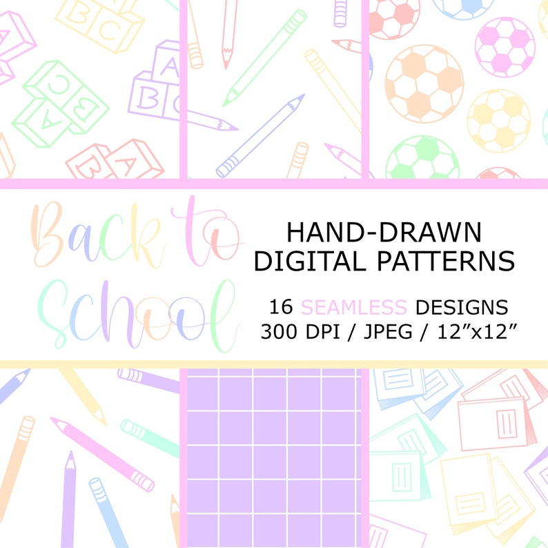 Pastel Back to School Digital Paper / Hand Drawn / 16 Designs ...