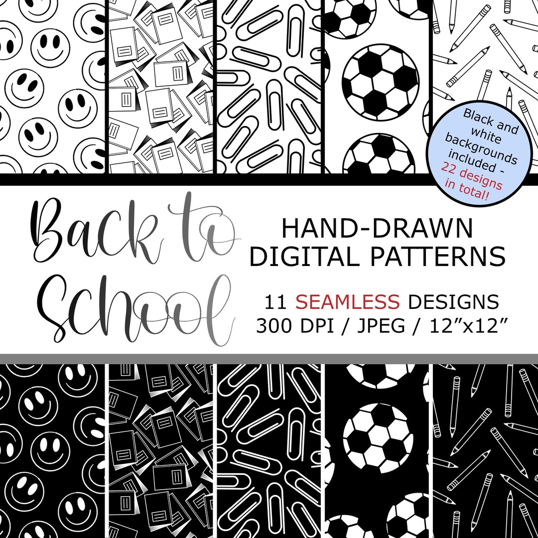 Black and White Back to School Digital Paper / Hand Drawn / 22 Designs ...