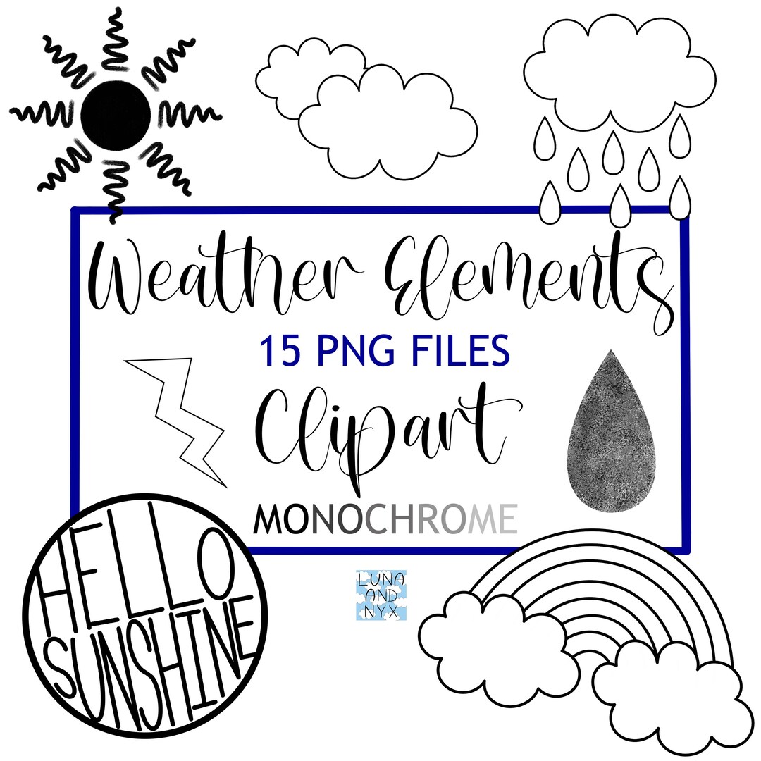 Weather Clipart Set / 15 PNG Files / Monochrome / Transparent ...