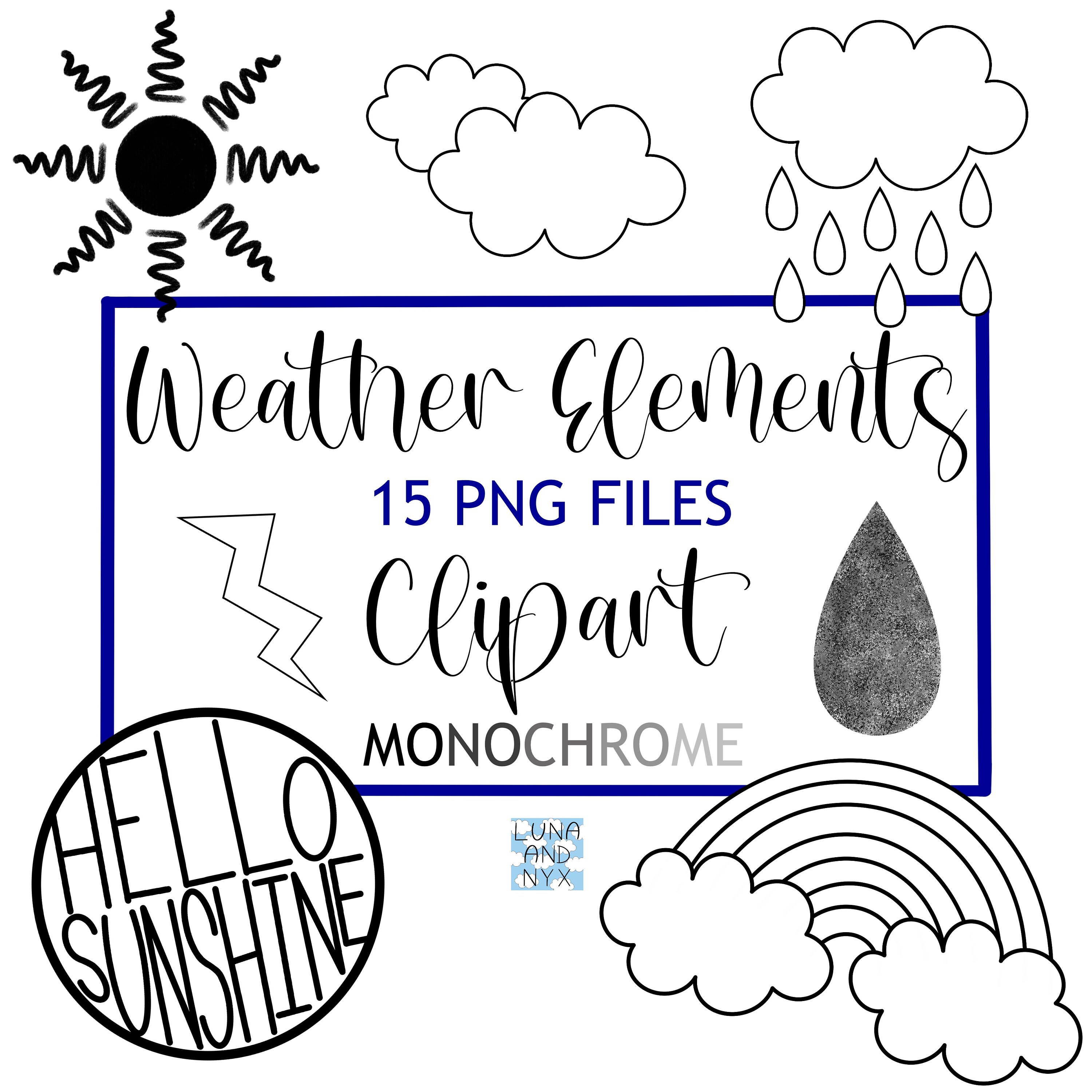 Weather Clipart Set / 15 PNG Files / Monochrome / Transparent ...