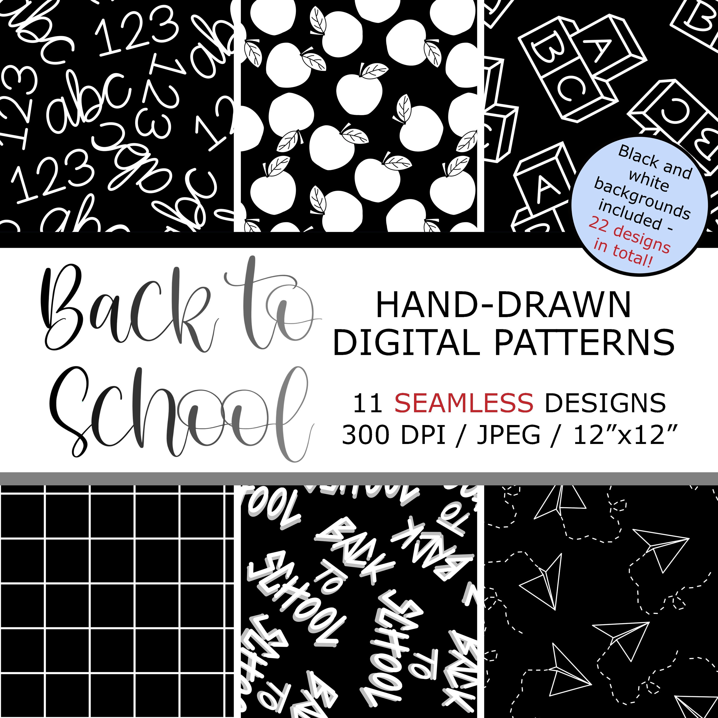 Black and White Back to School Digital Paper / Hand Drawn / 22 Designs ...