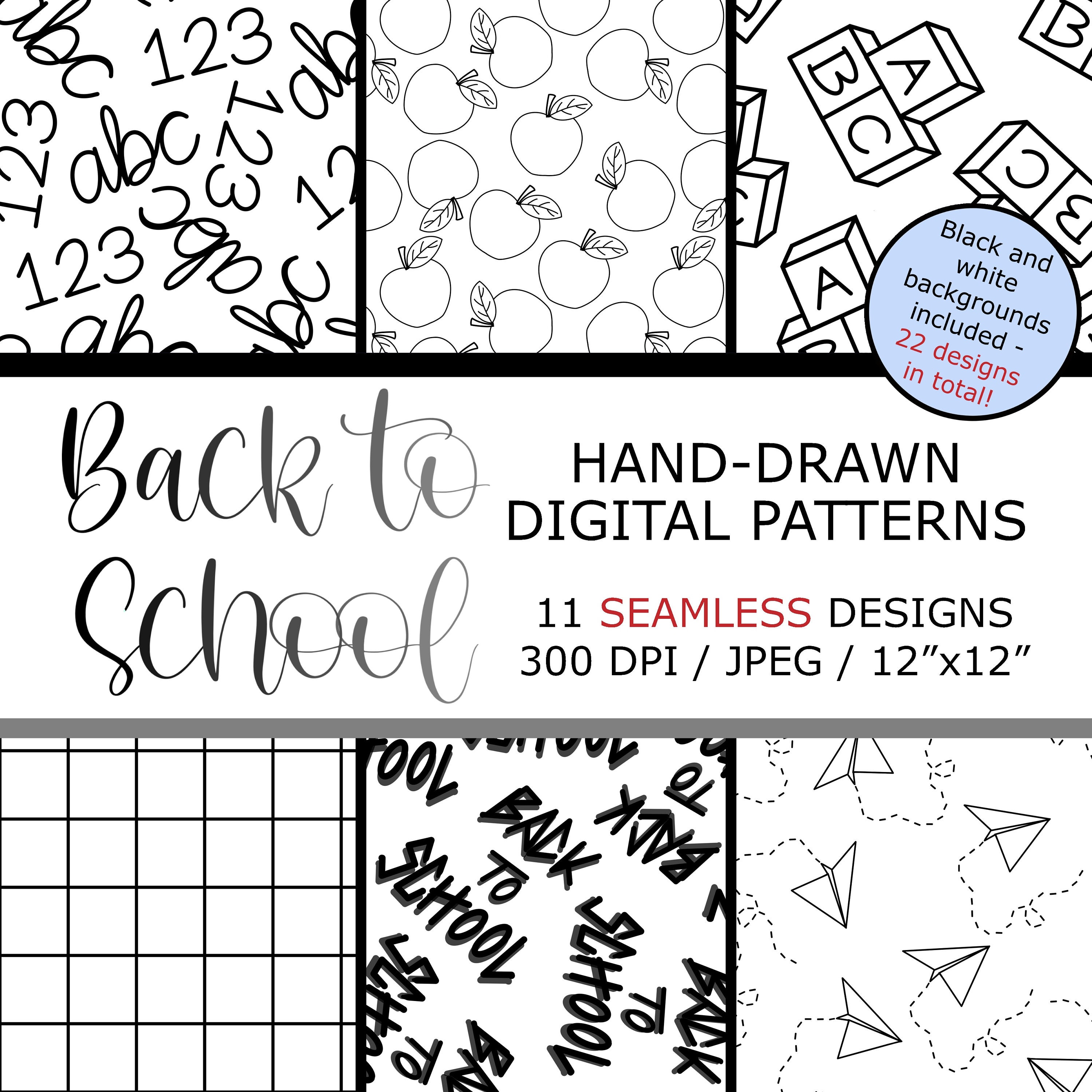 Black and White Back to School Digital Paper / Hand Drawn / 22 Designs ...