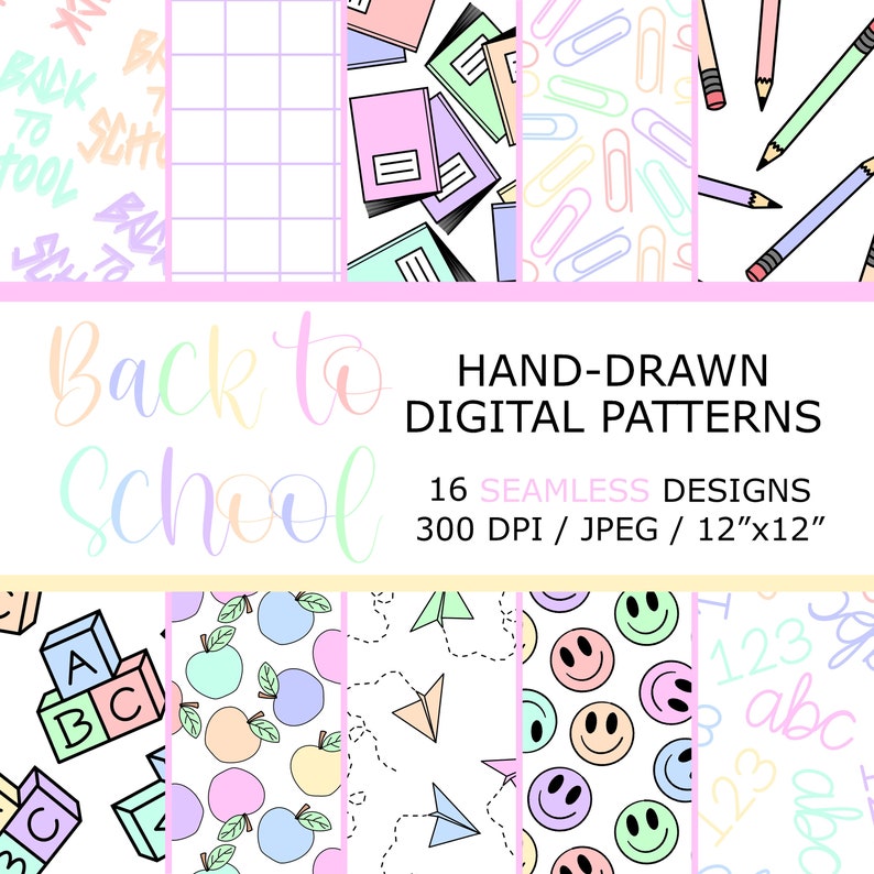 Pastel Back to School Digital Paper / Hand Drawn / 16 Designs ...