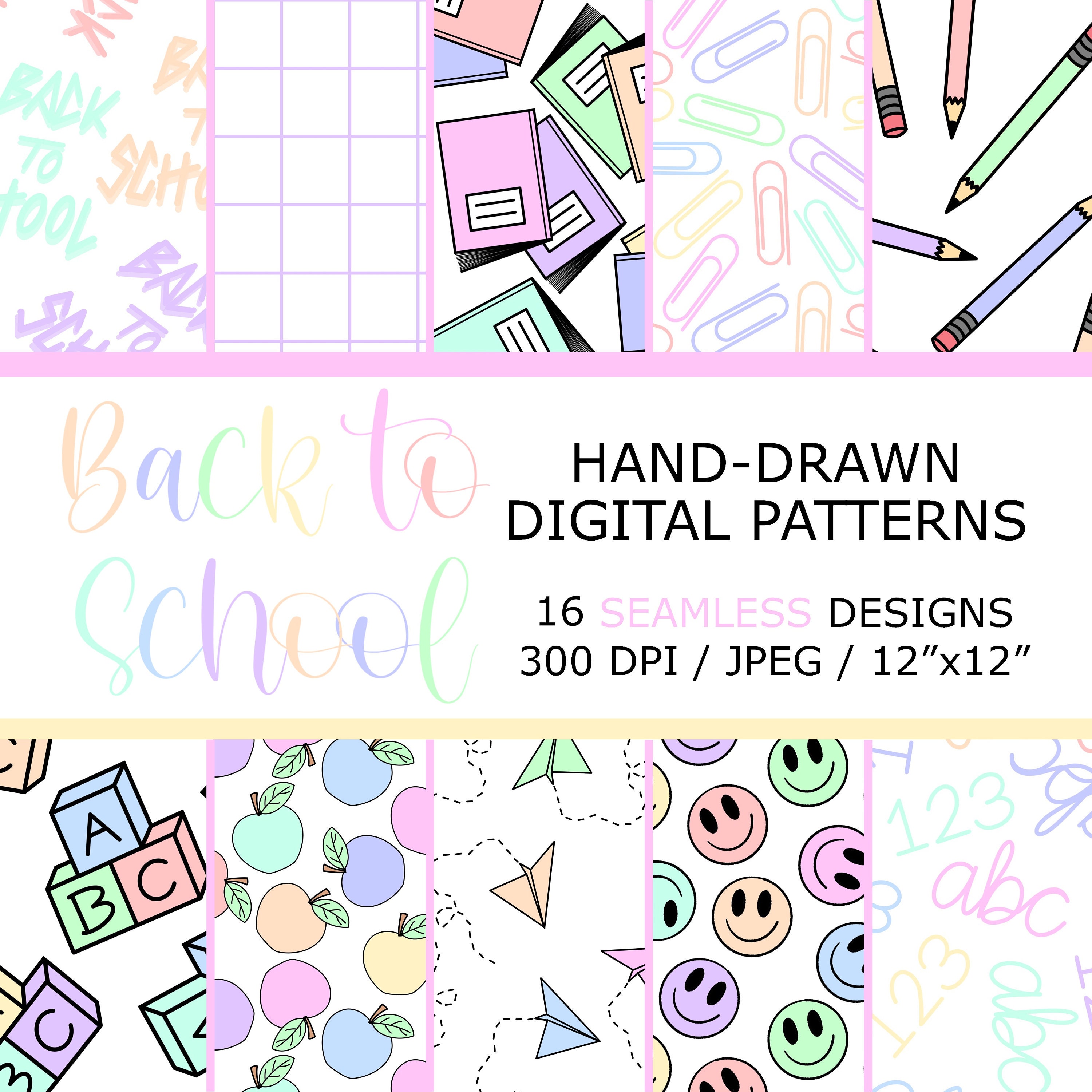 Pastel Back to School Digital Paper / Hand Drawn / 16 Designs ...