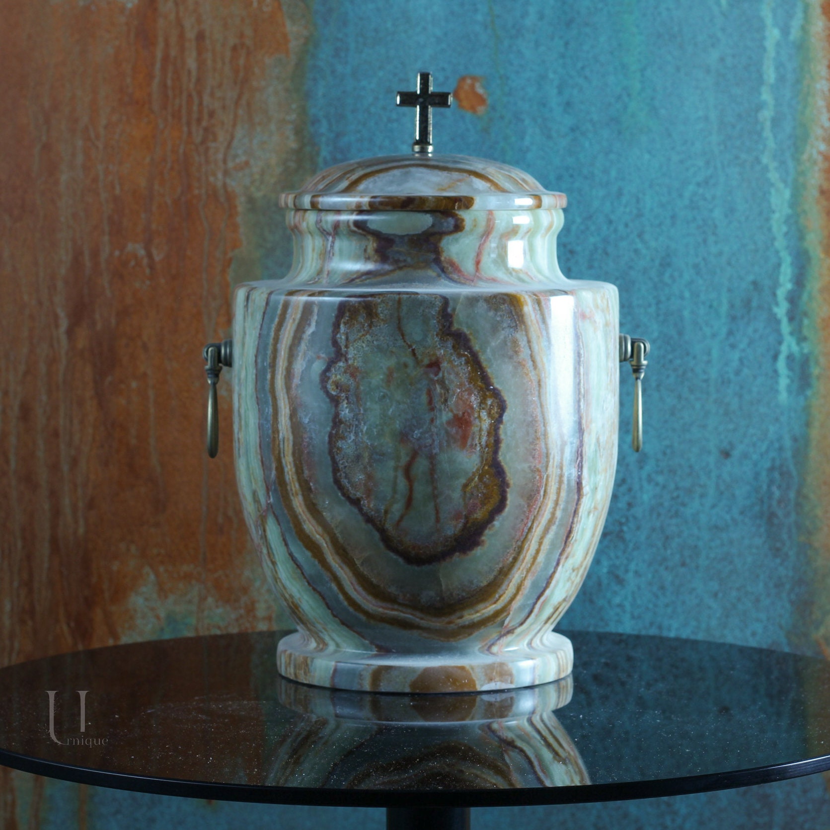 Natural Onyx Urn for Human Ashes - Cross/lily on Lid - Personalized ...
