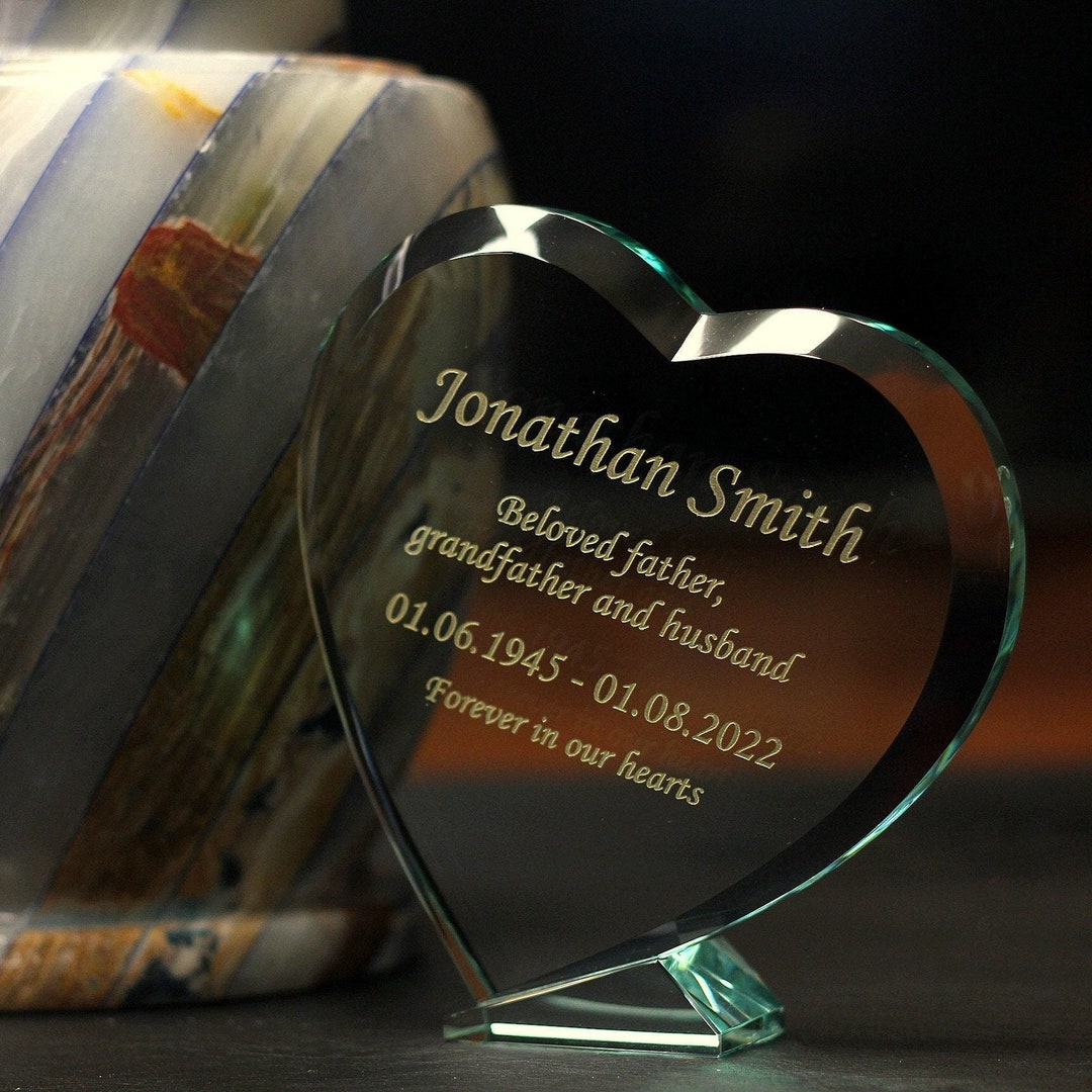 Golden Engraved Crystal Heart Personalized Memorial Engraved Glass ...