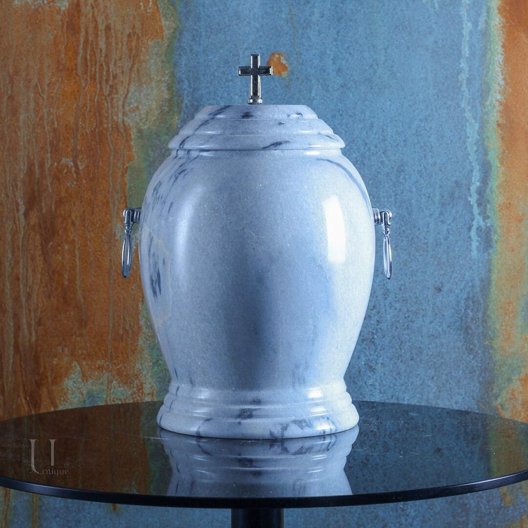 White Marble Urn for Human Ashes - Cross/lily on Lid - Personalized ...