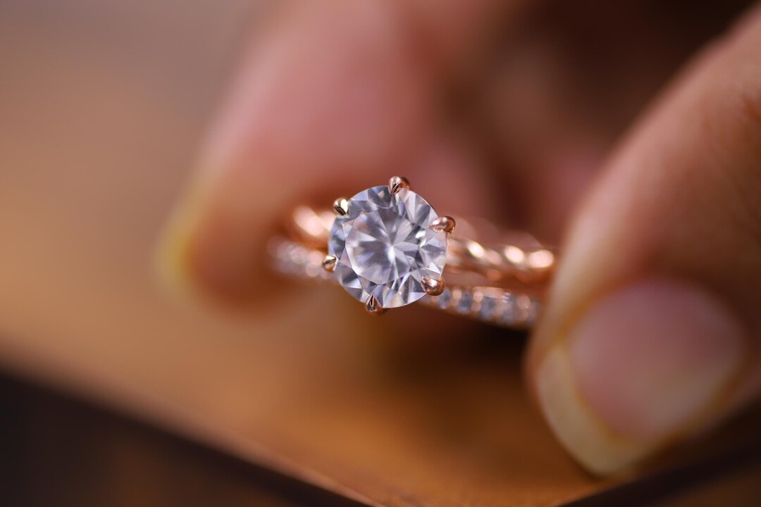 Round Engagement Ring Set, Rose Gold Wedding Ring, High Quality Wedding ...