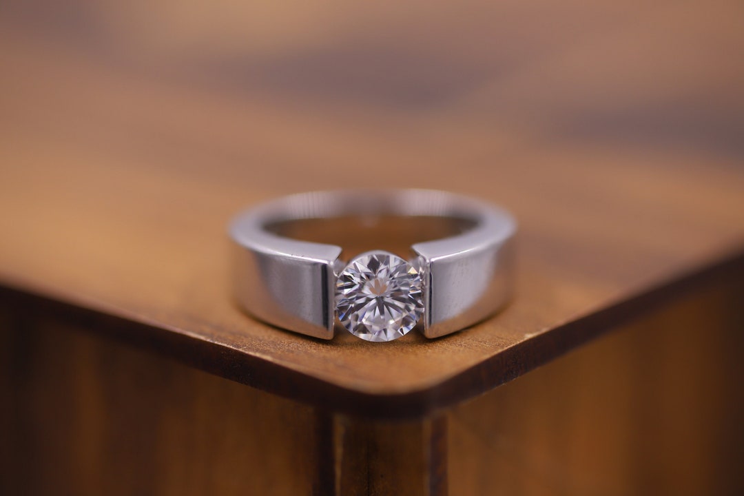 Men's Ring, Tension Set Ring, 1 CT Round Moissanite Engagement Ring ...