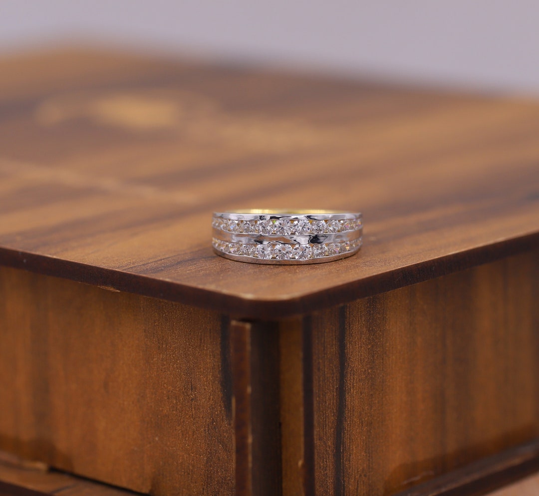 Double Row Diamond Wedding Band, Classic Two Tone Band, Round Cut ...