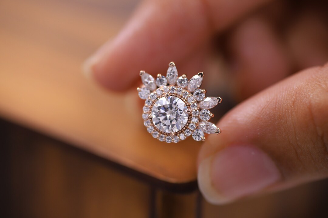 Solid Gold Art Deco Promise Ring, Round Cut Moissanite Starburst Half ...