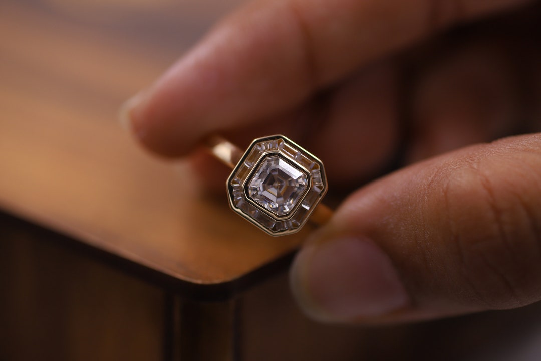 Asscher Cut Moissanite Bezel Set Wedding Ring, Anniversary Promise Ring ...