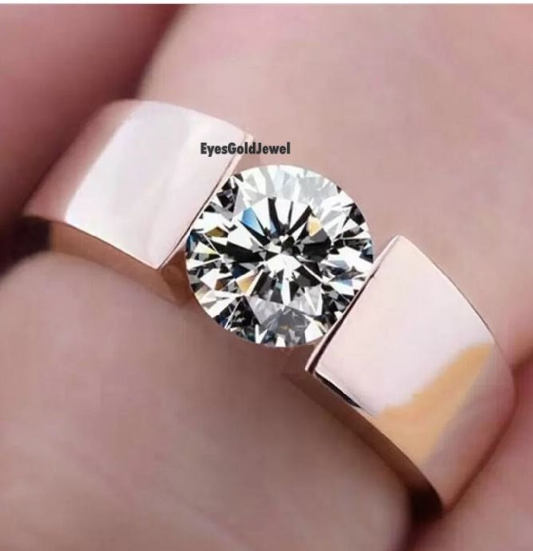 Men's Ring, Tension Set Ring, 1 CT Round Moissanite Engagement Ring ...