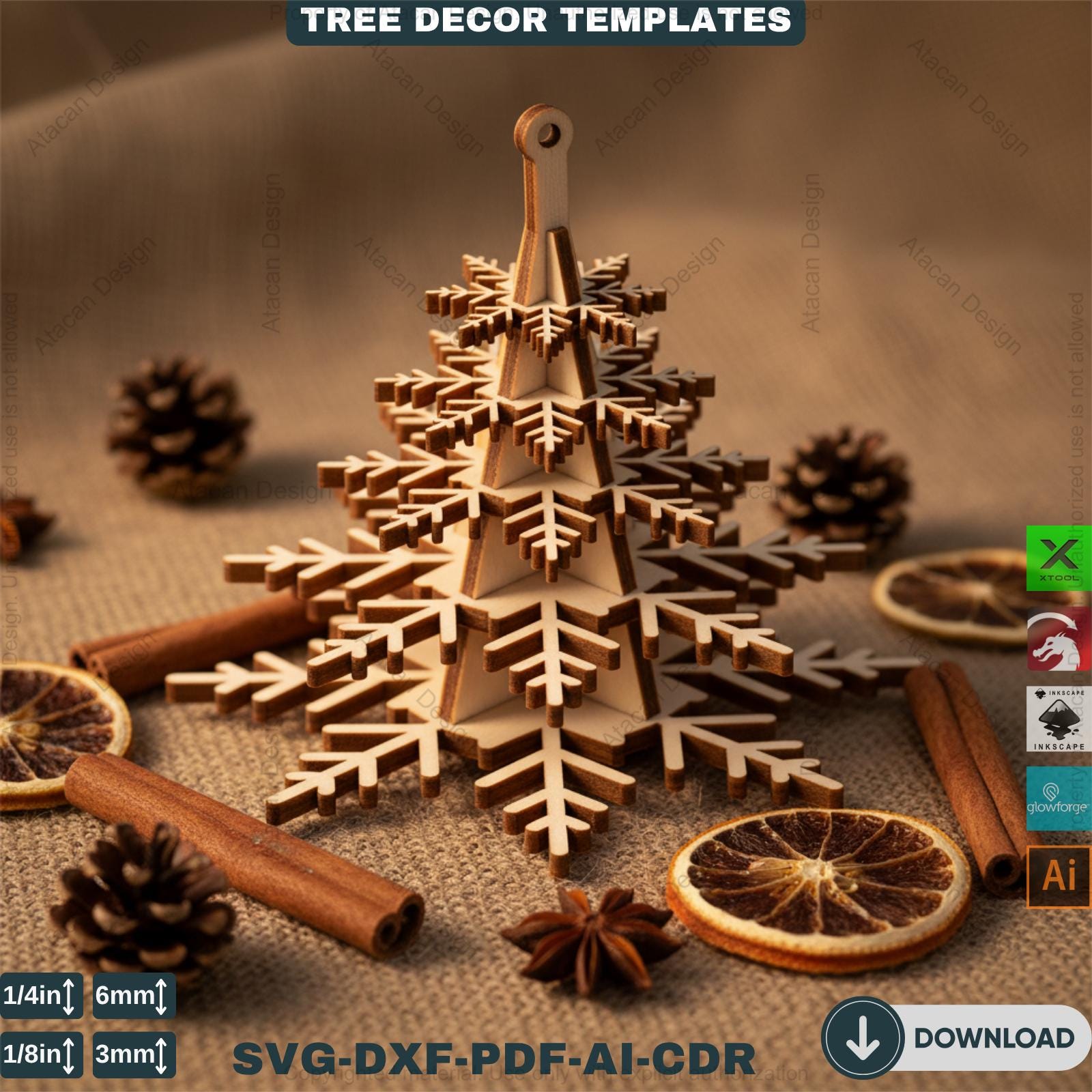 3D Christmas Tree Laser Cut File, Rustic Snowflake Holiday Decor, DIY ...