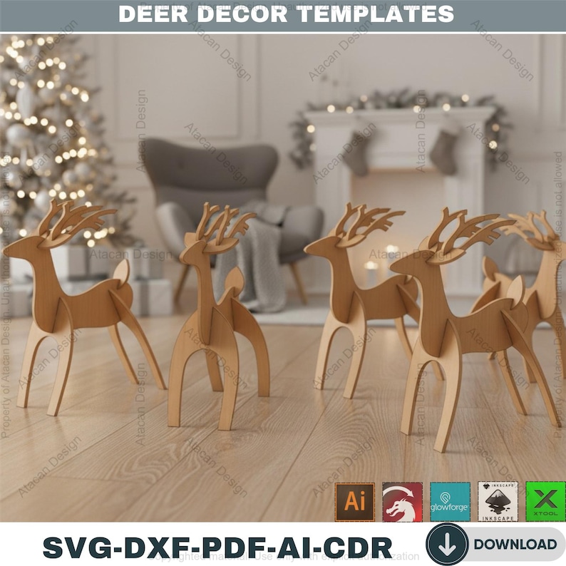 3D Reindeer Laser Cutting Template - Christmas Deer - DIY Wooden Deers ...
