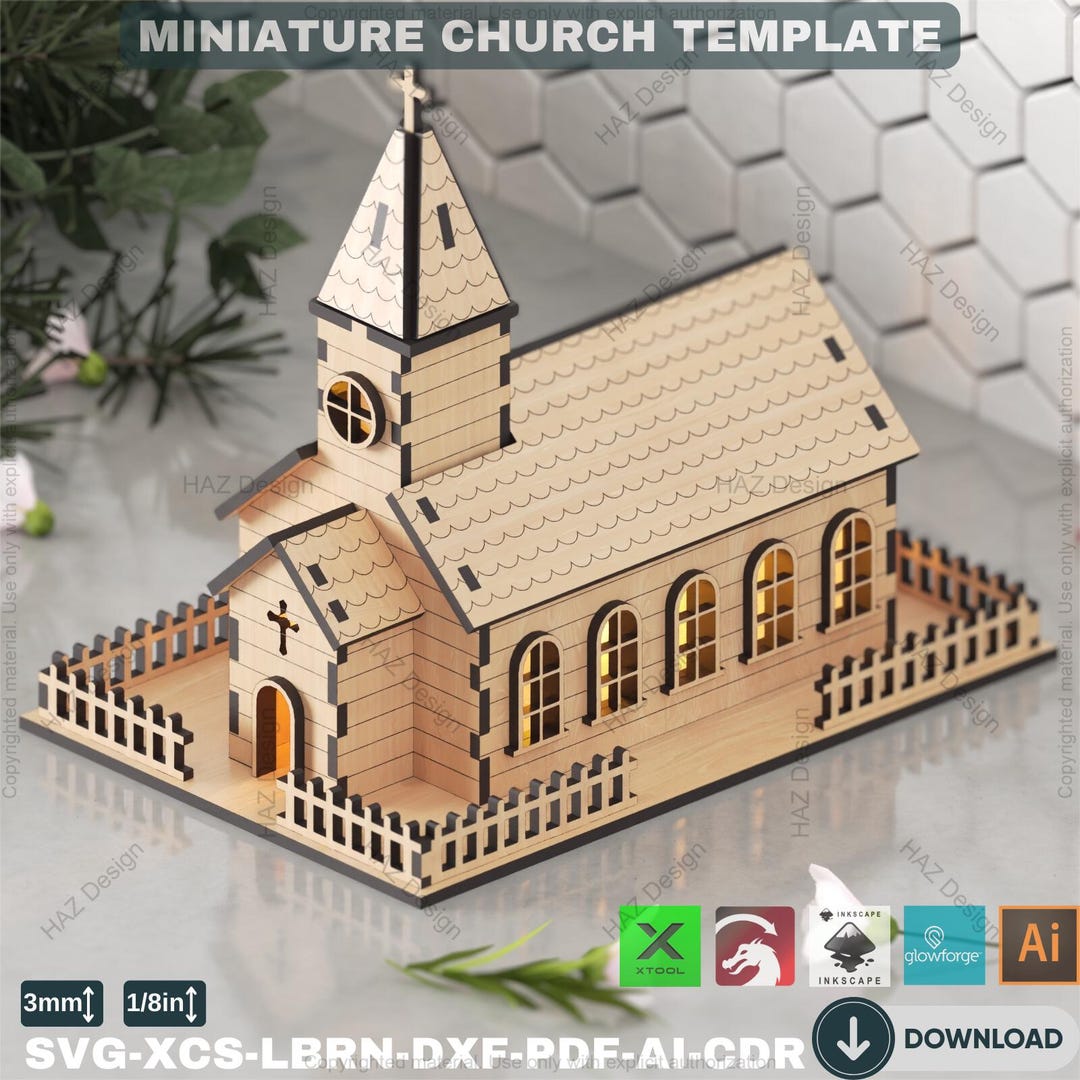Miniature Church Laser Cut Template | DIY Wooden Model Plan | Digital ...