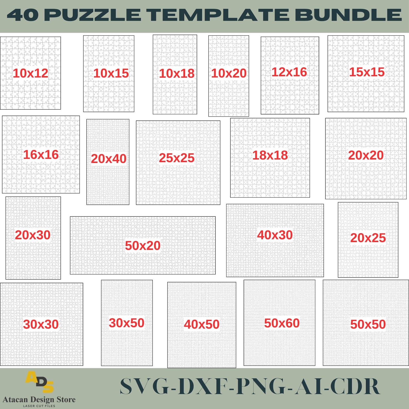 Jigsaw Puzzle Templates Bundle, 40 Sizes From 1x1 to 50x60 - Puzzle ...