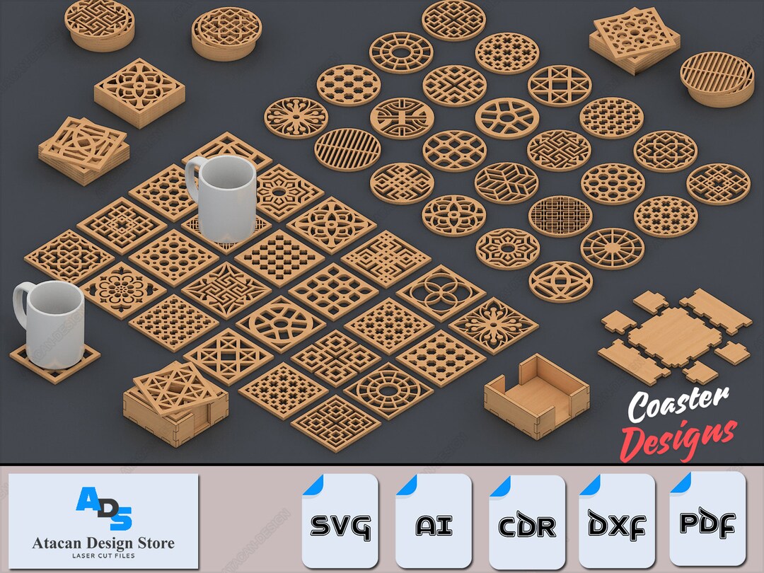 Laser Cut Coaster Set & Box - Modern Patterns for Stylish Home Decor ...