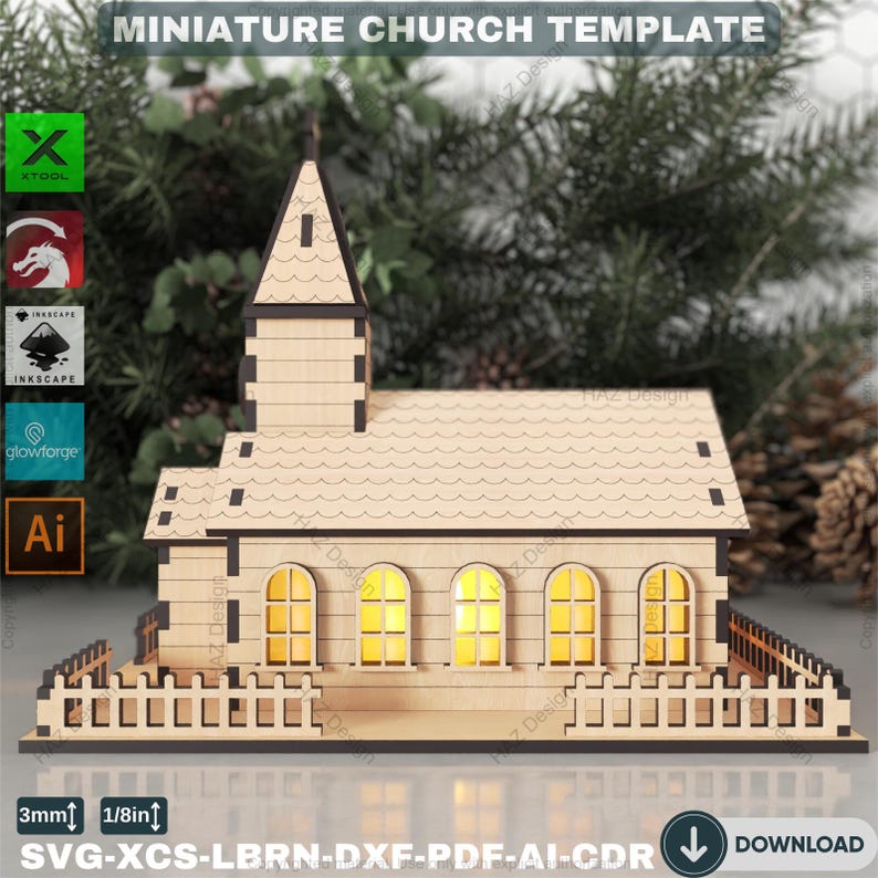 Miniature Church Laser Cut Template | DIY Wooden Model Plan | Digital ...