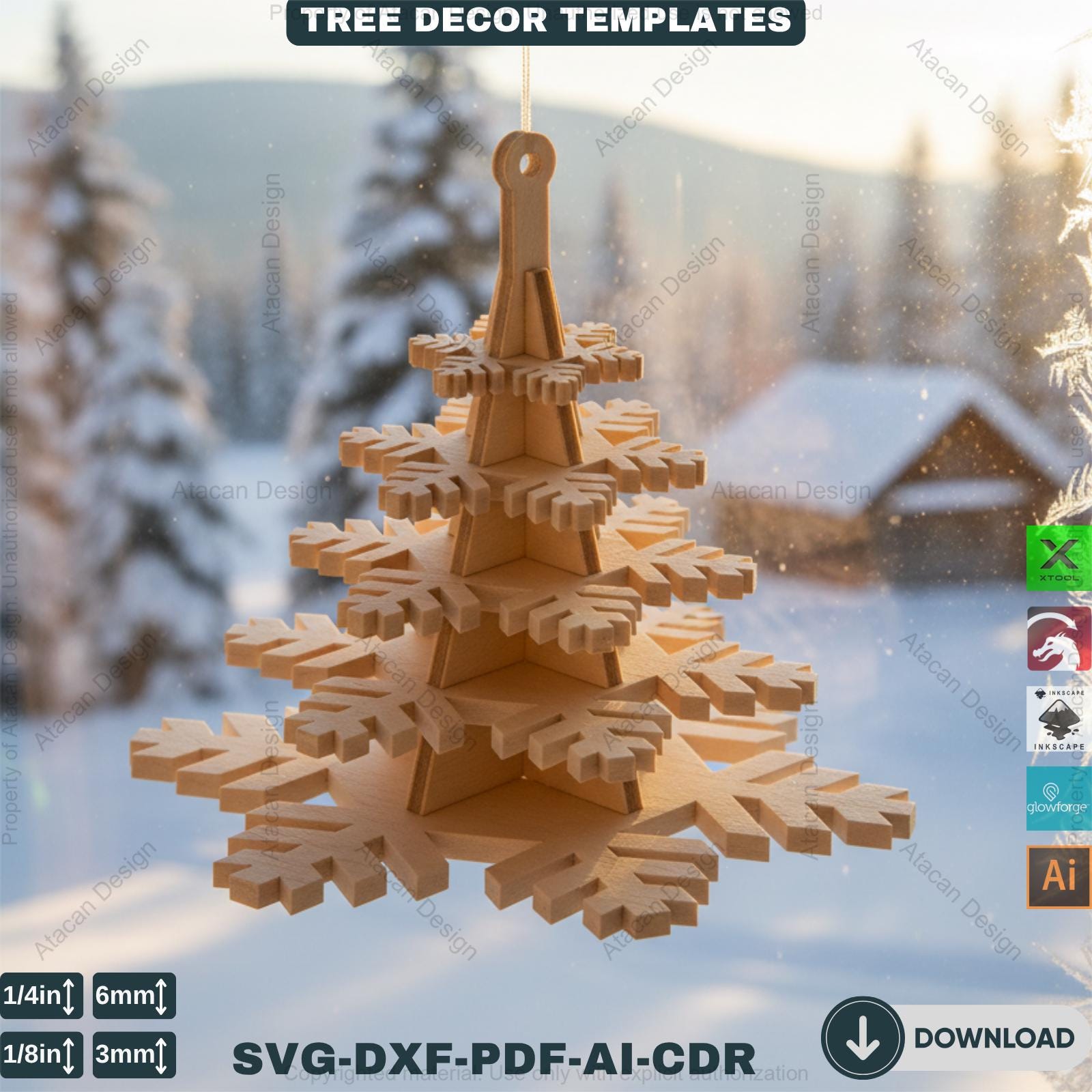 3D Christmas Tree Laser Cut File, Rustic Snowflake Holiday Decor, DIY ...