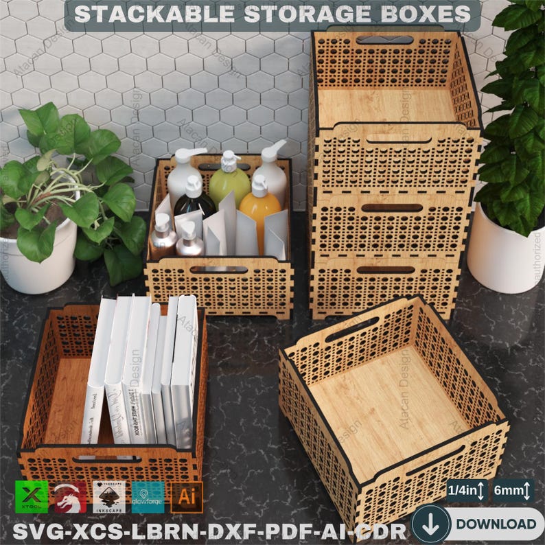 Stackable Laser Cut Storage Box Files,elegant Crate Template Digital ...