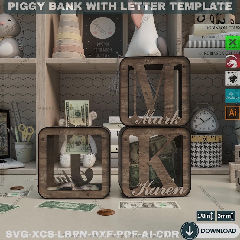 Personalized Wood Letter Bank - Laser Cut Design Rustic Piggy Bank ...