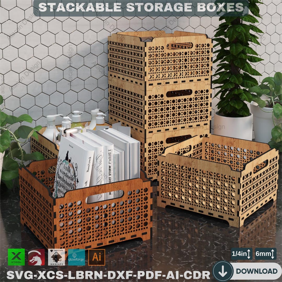 Stackable Laser Cut Storage Box Files,elegant Crate Template Digital ...